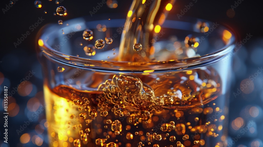 Rich maple syrup cascading into the glass, filling it to the brim and ...