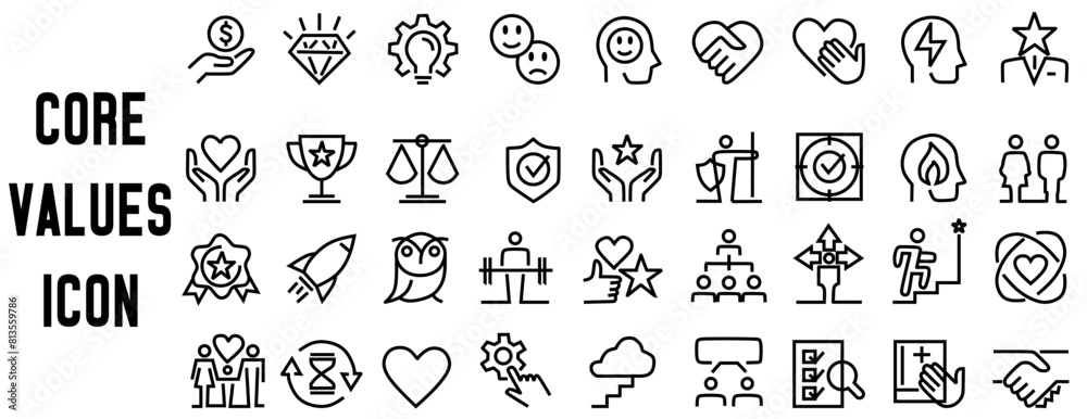 Core values line icons. Integrity, Empathy and Strategy. Vision, Social ...