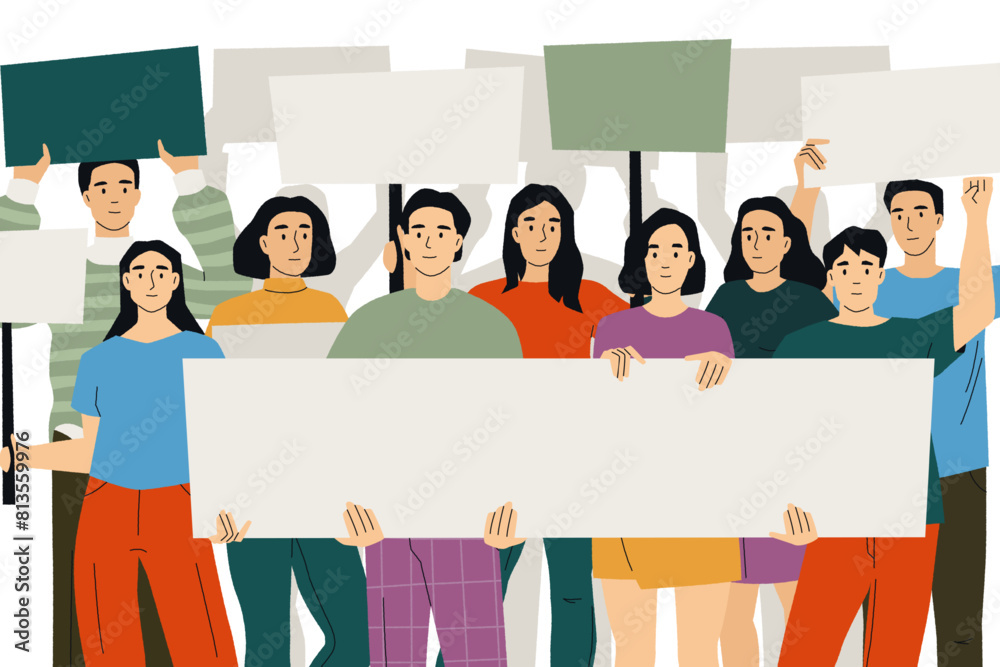 Vetor de Public protest. Cartoon people with placards and protest signs ...