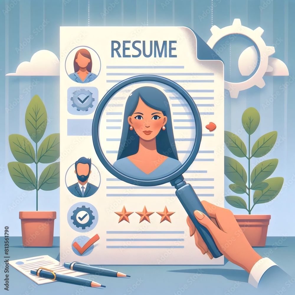 a stylized resume under a magnifying glass, spotlighting a female ...