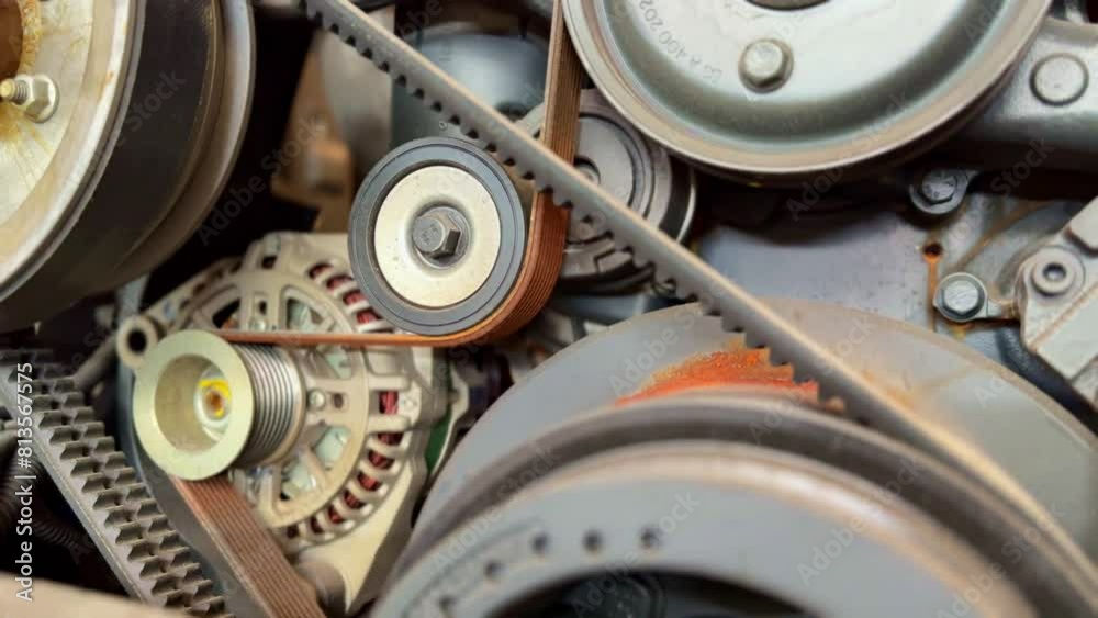 Detail of engine with motor belt, pulley, gear, engine equipment ...