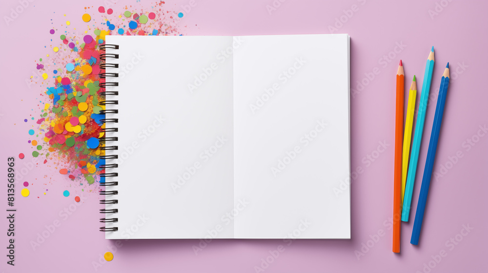 Bloc note blanc sur fond coloré avec crayons de couleur. Mock-up ...