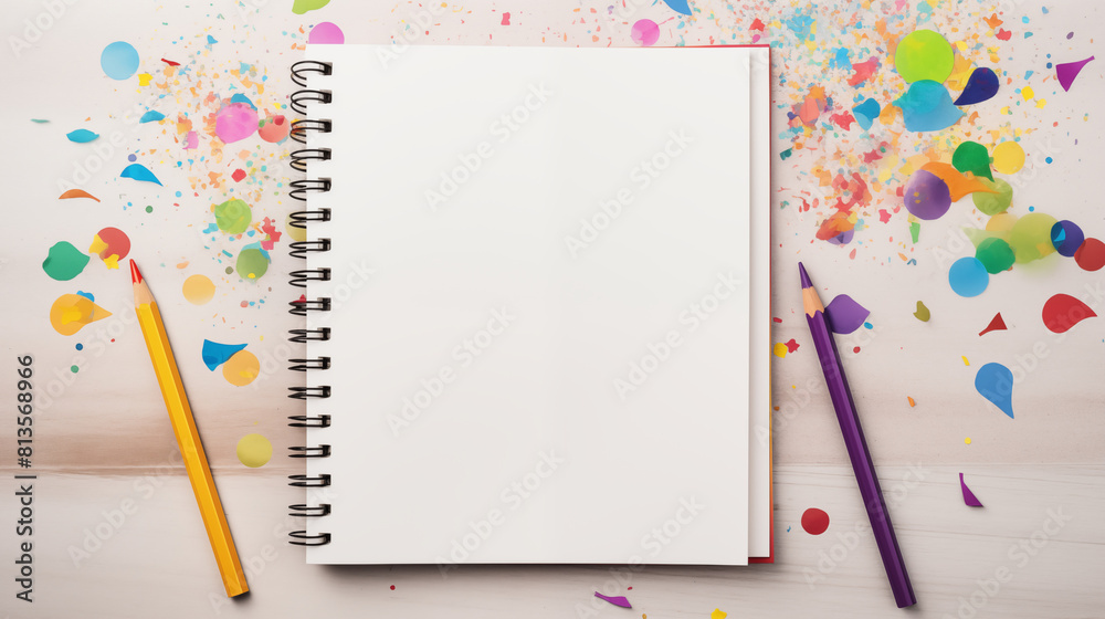 Bloc note blanc sur fond coloré avec crayons de couleur. Mock-up ...