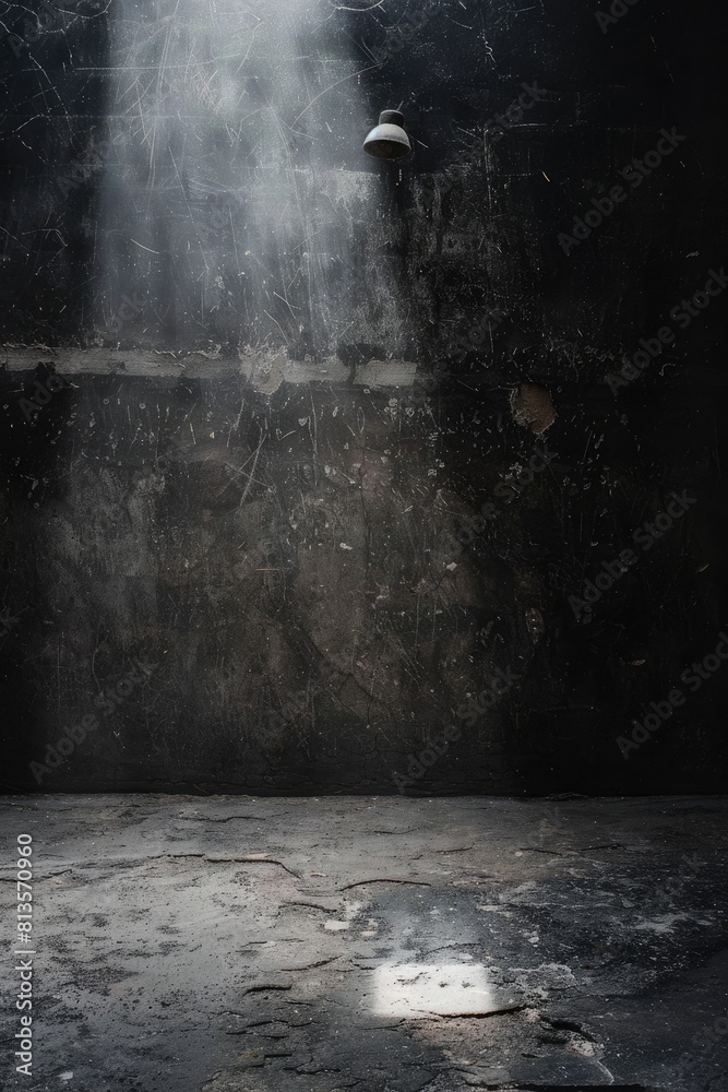 Spotlight in a dark room with concrete floor and brick wall. Dark room ...