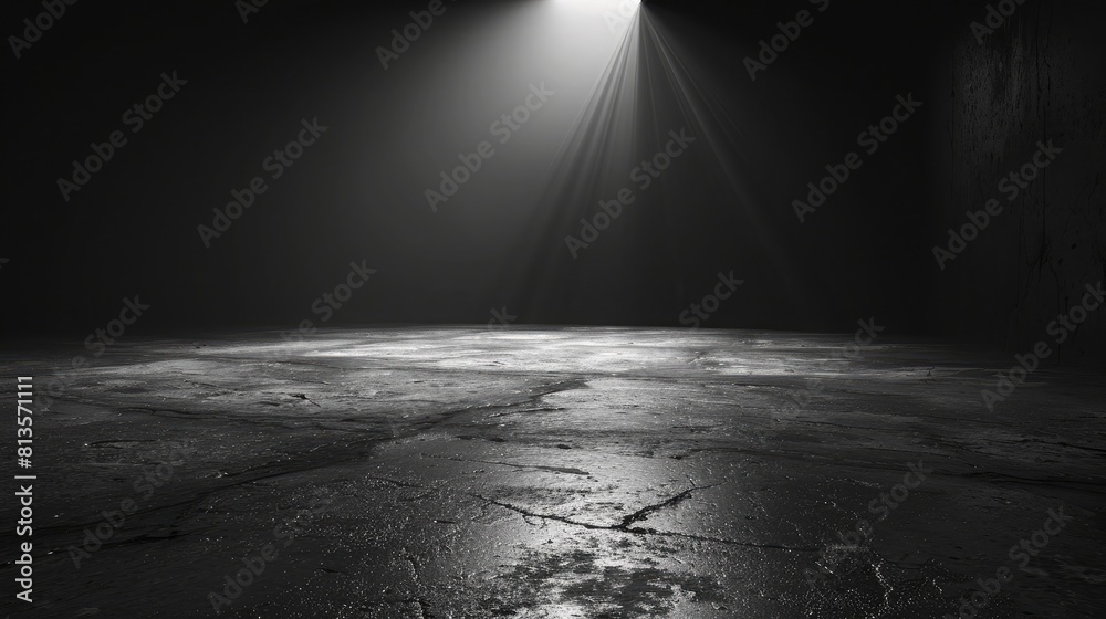 Spotlight in a dark room with concrete floor and brick wall. Dark room ...