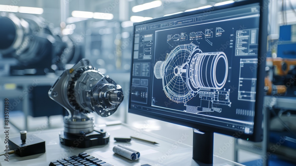 An overhead shot of a mechanical engineer's workspace in a factory ...