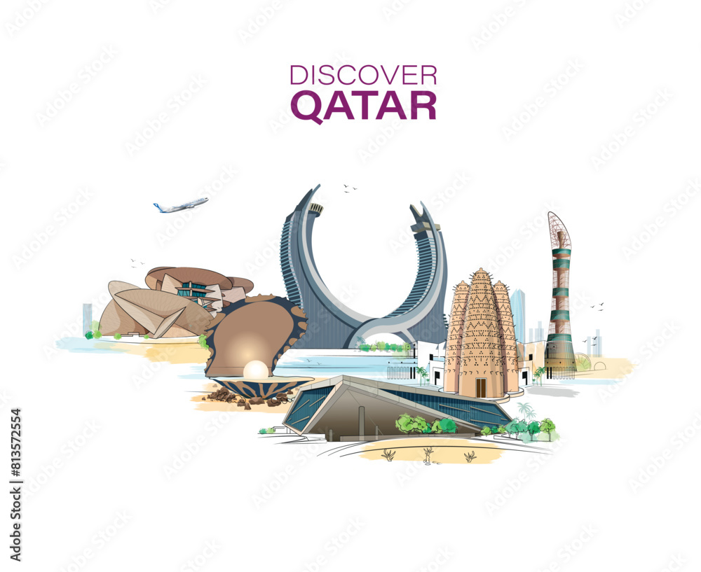 Qatar Skyline view for the city vector illustration. Qatar Doha most ...