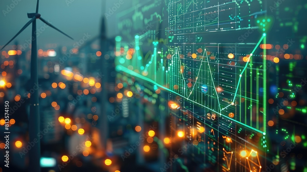 Stock market graphs and economic data visualized with icons of solar ...