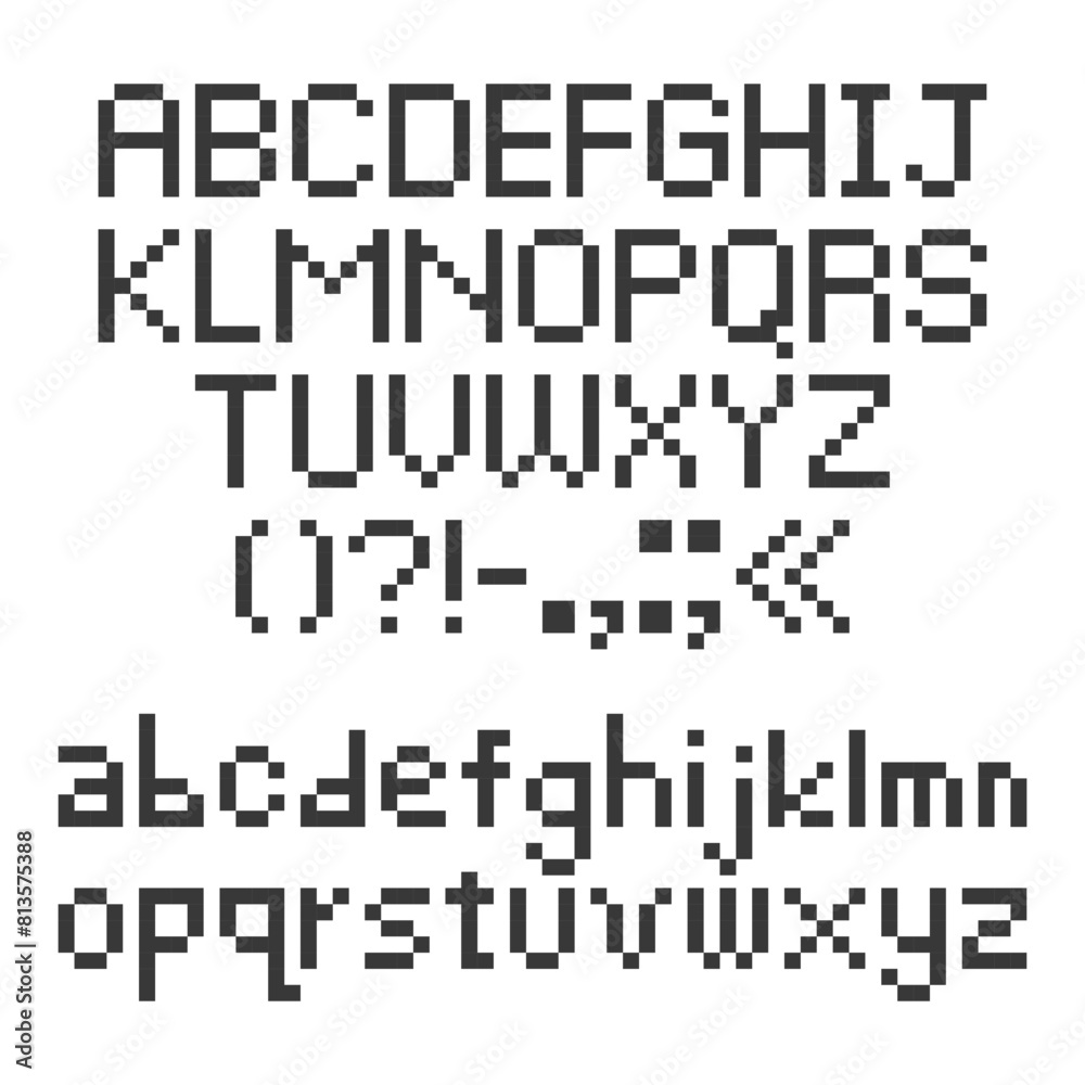 Pixel font set. Large and small letters in pixel art style for computer ...