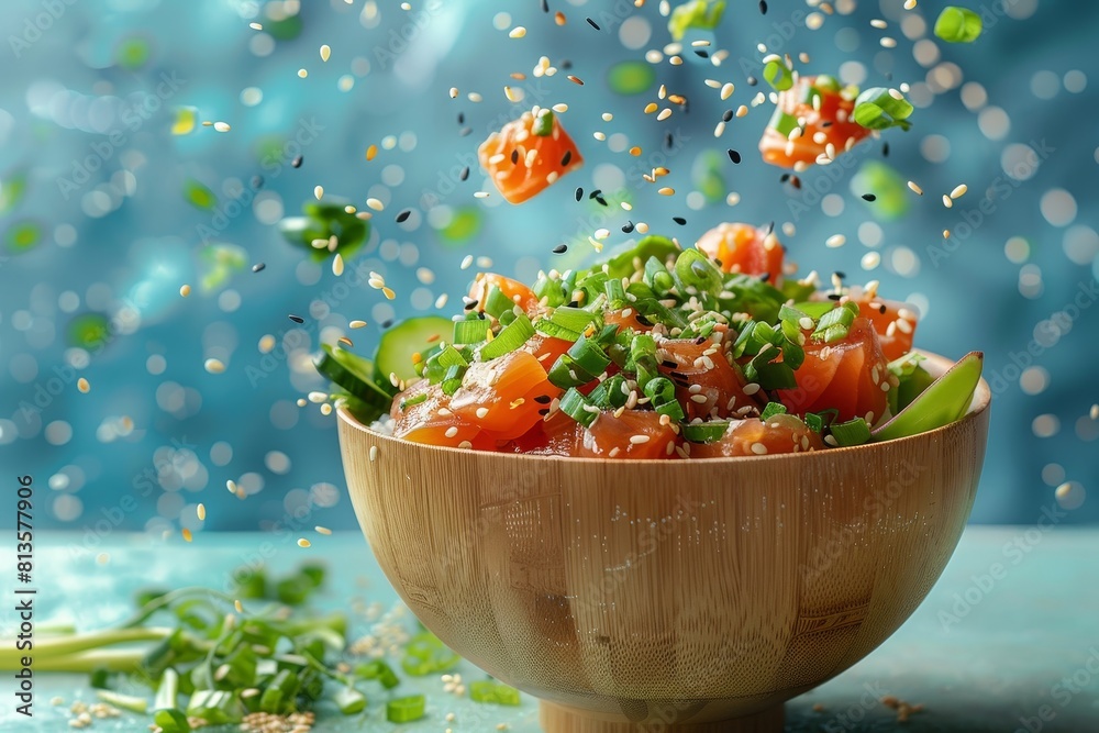 A stylized advertise photo of a poke bowl blasting from a bamboo bowl ...