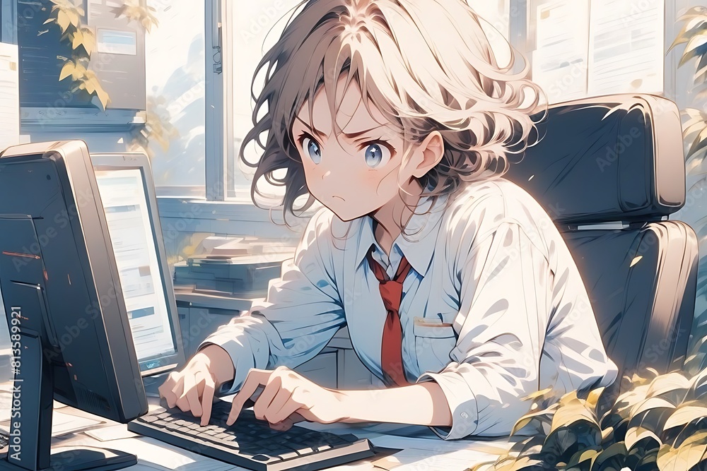 An anime girl office worker diligently typing away on a computer with a ...