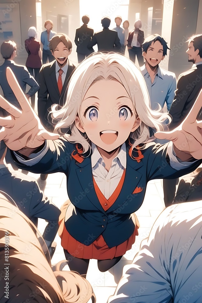 Anime entrepreneur woman leading a team meeting with charisma and ...