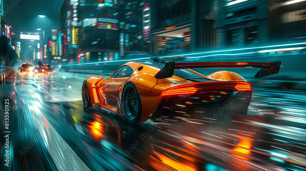 High-Speed Racing Car Blitzing Through Neon-Lit City at Night: A ...