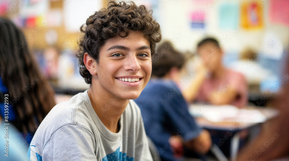 Smiling student sitting in class. Education at school and university ...
