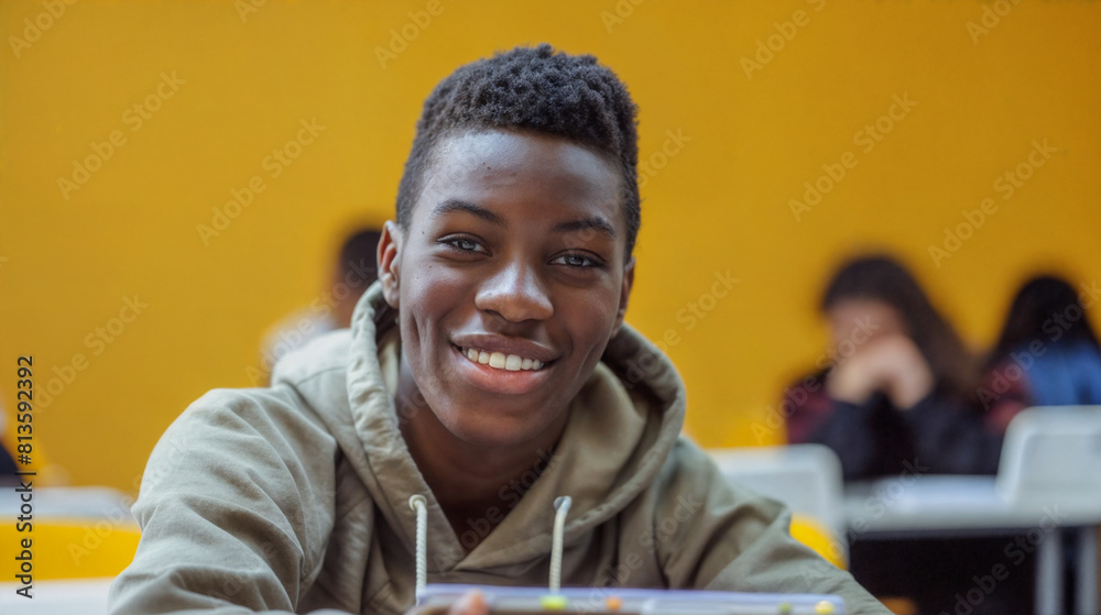 Smiling student sitting in class. Education at school and university ...