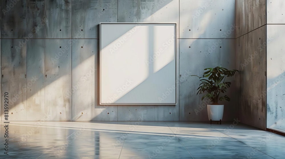 Portray a minimalist museum space with a single, stark frame on a ...