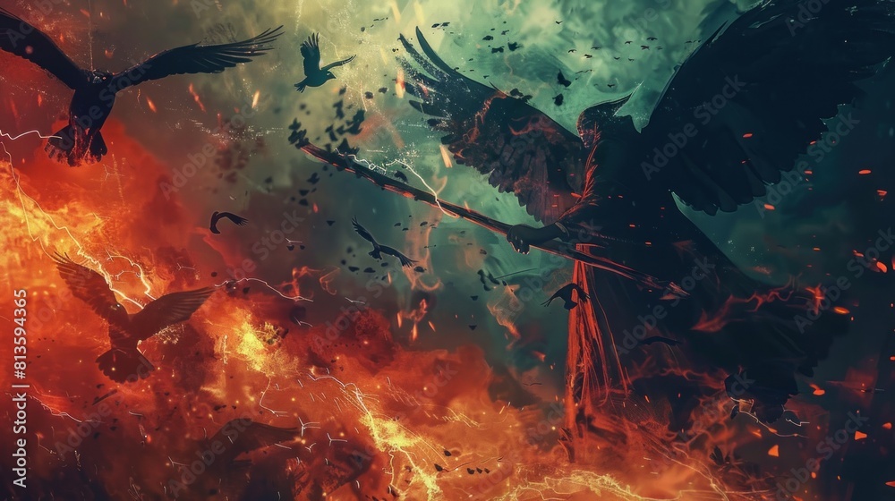 intense fight scene of wizard versus the devil of crows, digital art ...