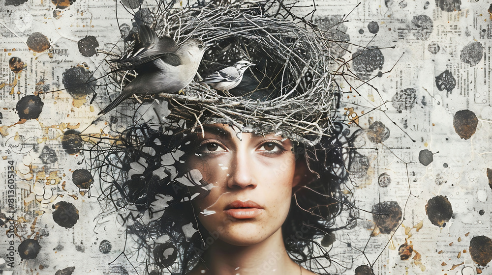 Surreal female portrait collage with phrases, a bird nest, and ...