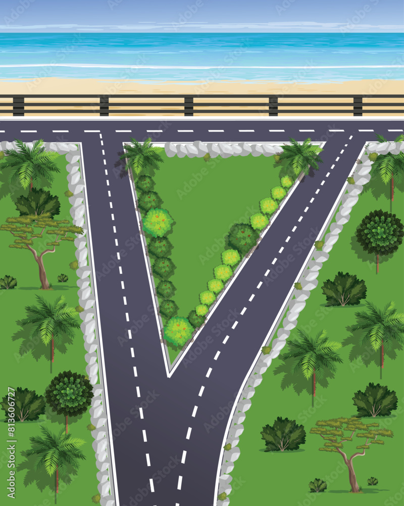 2D top view of two lanes of automobile highway in the city near seaside ...
