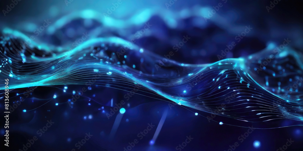 Abstract blue tech background with digital waves, dynamic network system, artificial neural ...