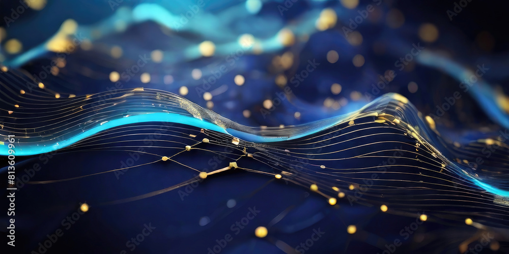 Abstract blue tech background with digital waves, dynamic network system, artificial neural ...
