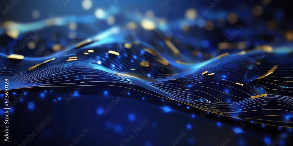 Abstract blue tech background with digital waves, dynamic network system, artificial neural ...