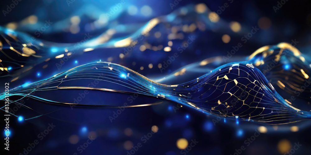 Abstract blue tech background with digital waves, dynamic network system, artificial neural ...