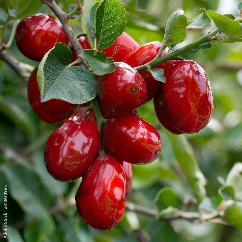 Jujubes (red dates) on a bush, highlighting their small size and bright ...