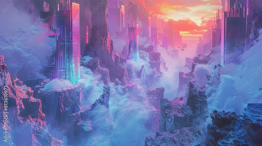 digital dreamscape exploration of a cityscape featuring a towering ...