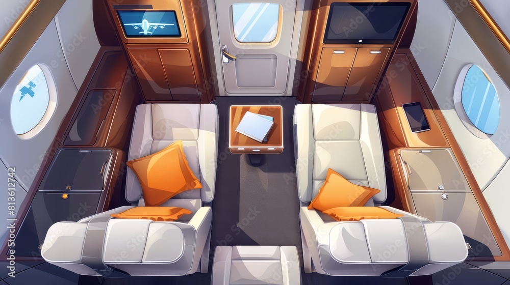Jet interior flat design top view opulent cabin theme animation Split ...