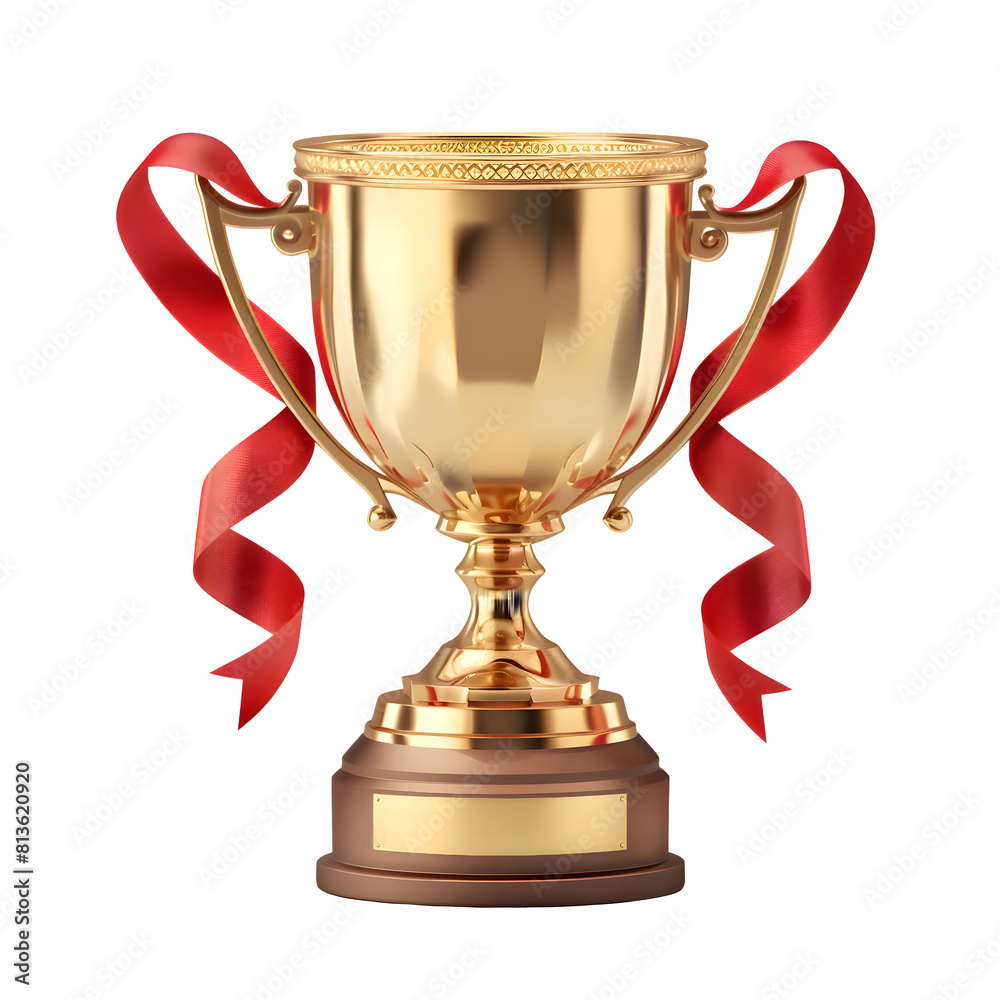 3d vector icon of gold trophy with red ribbon, cartoon style, simple ...