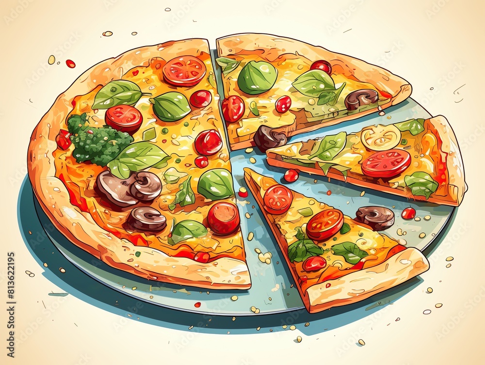 Vegan pizza flat design side view comfort food theme water color ...