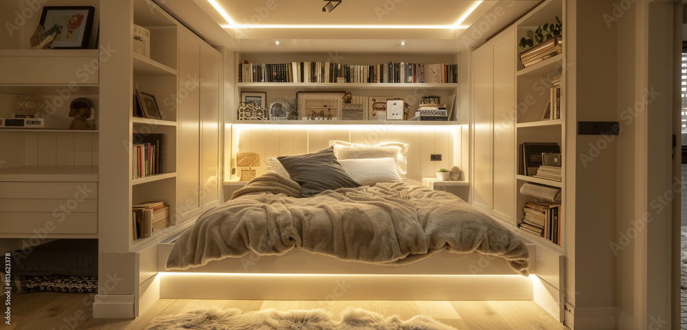Scandinavian loft bedroom with a cozy alcove bed, surrounded by built ...