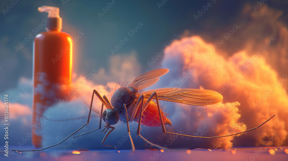 Cartoon style 3d scared mosquito and anti-mosquito spray. Mosquito in ...