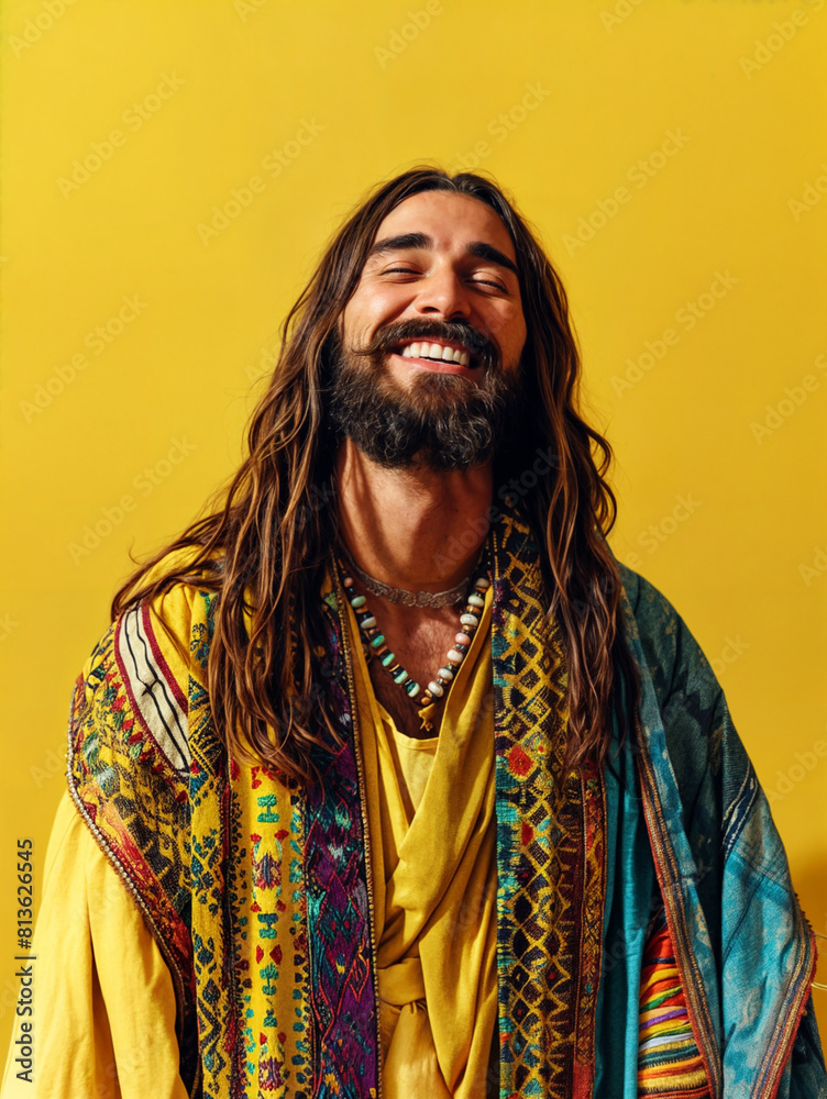 A smiling man who looks like Jesus on a yellow background. Modern ...