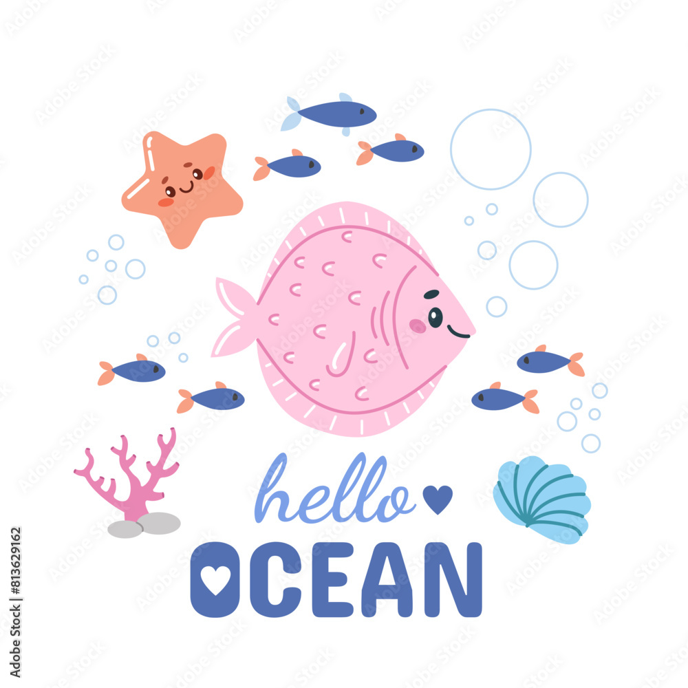 Vector illustration from a children's cartoon with a cute pink fish and ...