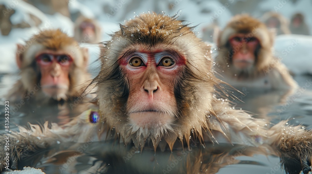 This 3D render shows a joyful gathering of monkeys fully relaxed in a ...