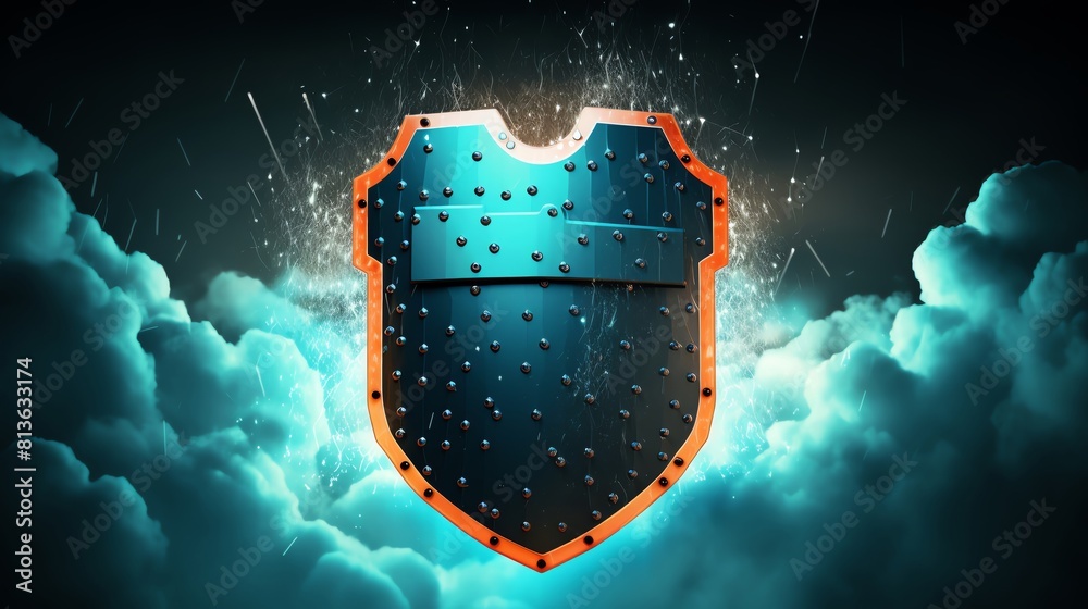 Hybrid Cloud Security represented by a digital shield protecting a ... Hybrid Cloud Security represented by a digital shield protecting a ...