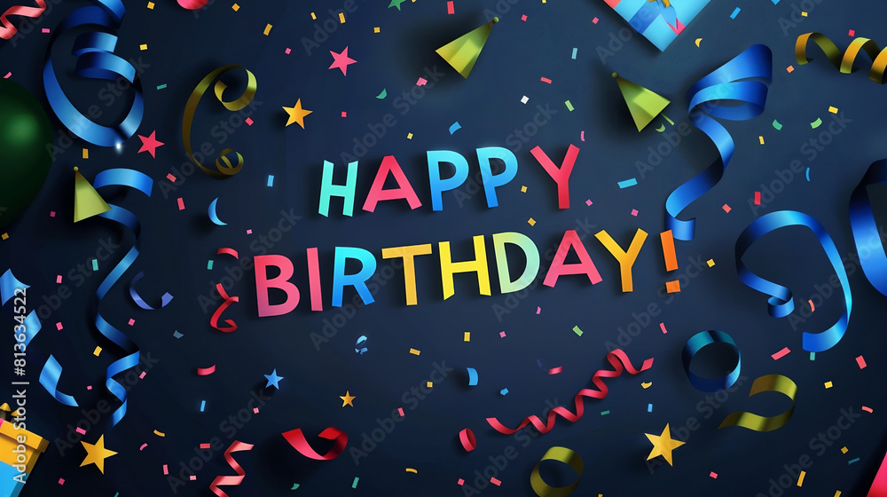 Colorful Happy Birthday invitation on festive dark background. Holiday ...