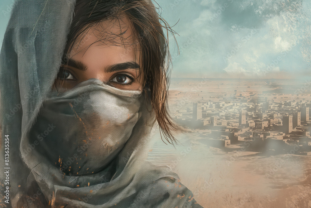 Young Arabic woman with brown hair and dark eyes wearing an embroidered ...