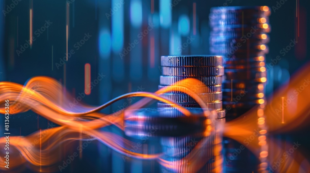 Stack money coins with intertwined blue and orange lights on dark blue ...