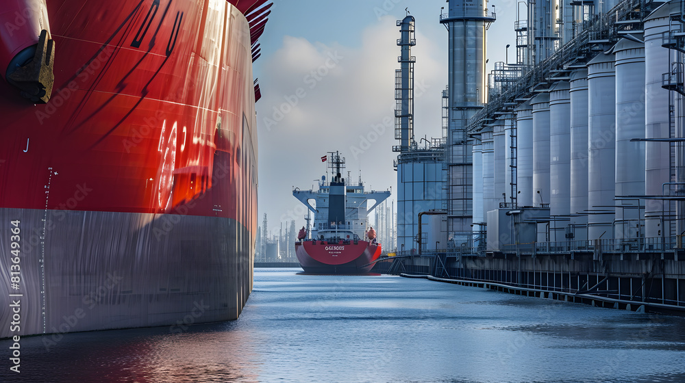 Two large cargo ships docked beside industrial oil storage tanks under ...