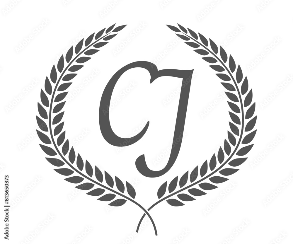 Initial letter C and J, CJ monogram logo design with laurel wreath ...