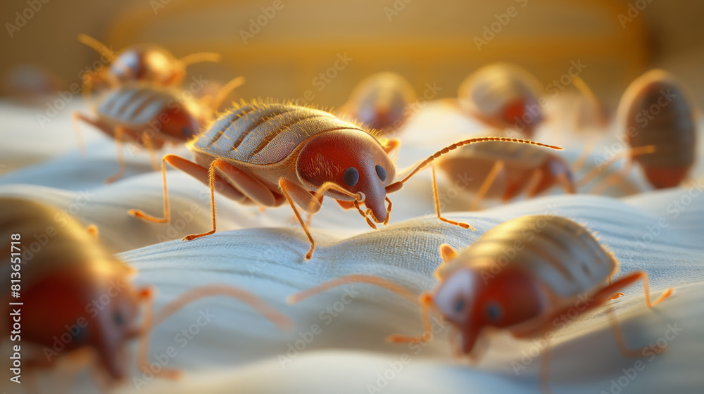 Bed bugs or mites crawling on the bed linen, where child is sleeping ...