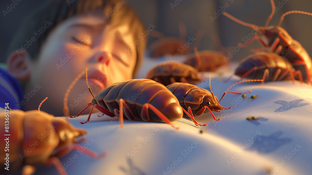 Bed bugs or mites crawling on the bed linen, where child is sleeping ...