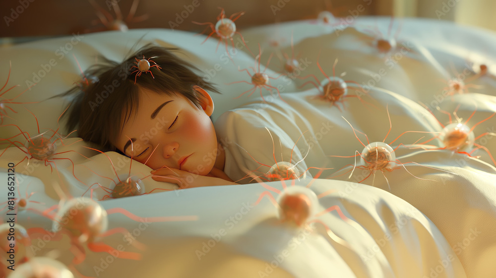 Bed bugs or mites crawling on the bed linen, where child is sleeping ...