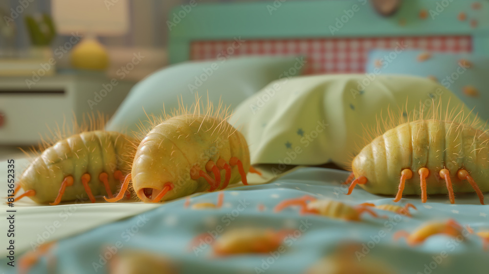 Bed bugs or mites crawling on the bed linen, where child is sleeping ...
