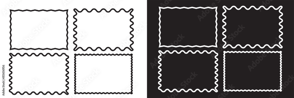 Set of rectangle frames with wavy edges. Rectangular shapes with wiggly borders. Picture or ...