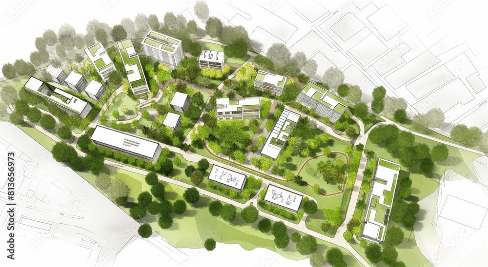 Eco-friendly urban masterplan concept sketch with green spaces and ...