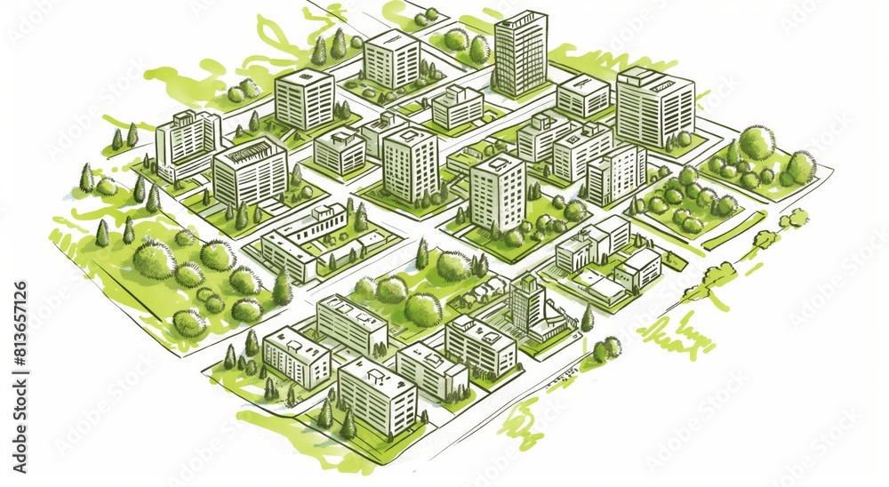 Sustainable urban design: eco-friendly city plan with green roofs and ...